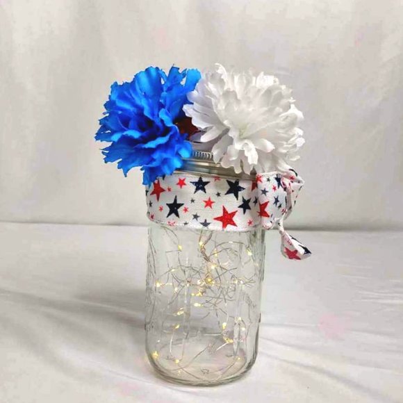 Hand Crafted | Holiday | Patriotic Lighted Mason Jar Floral Arrangement ...